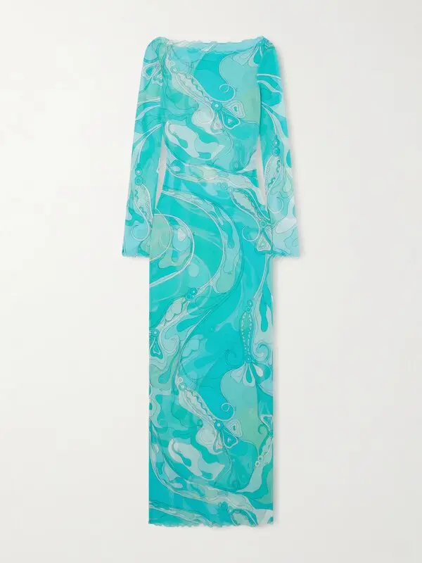 Emilio Pucci Ruffled Printed Tulle Maxi Dress - Blue