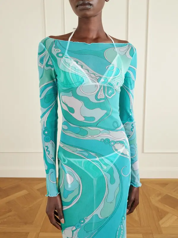 Emilio Pucci Ruffled Printed Tulle Maxi Dress - Blue