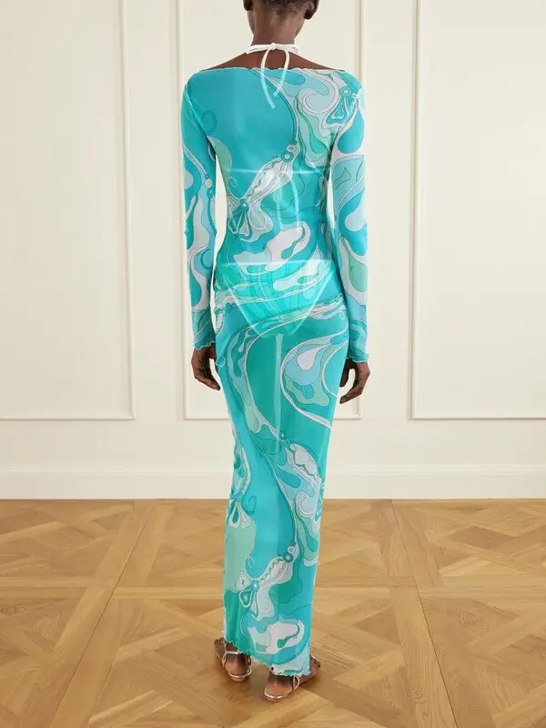 Emilio Pucci Ruffled Printed Tulle Maxi Dress - Blue