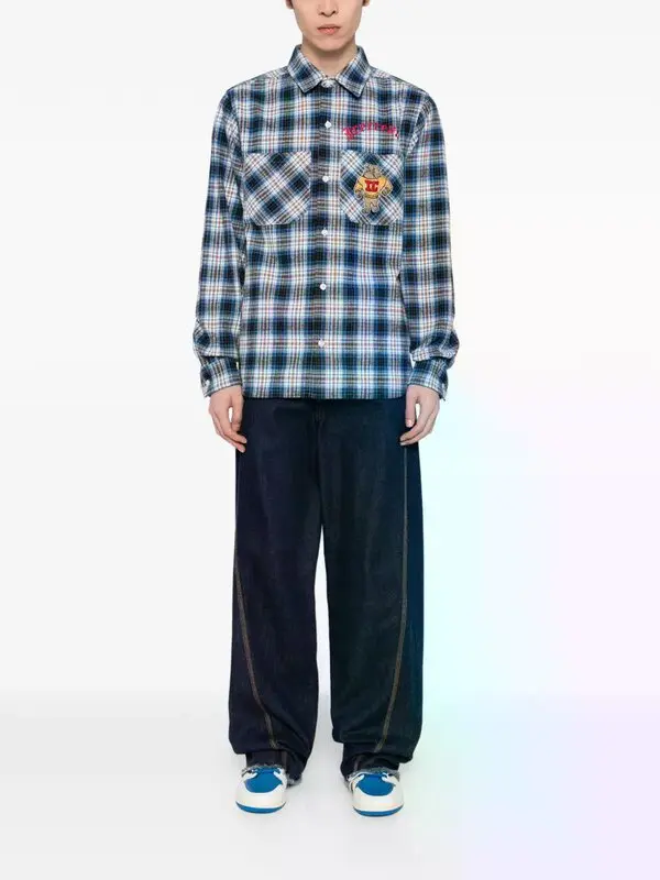 ICECREAM Mascot-embroidered Checked Shirt - Blue