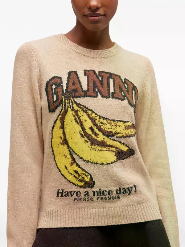 GANNI Graphic Print Wool Blend Sweater - Neutrals