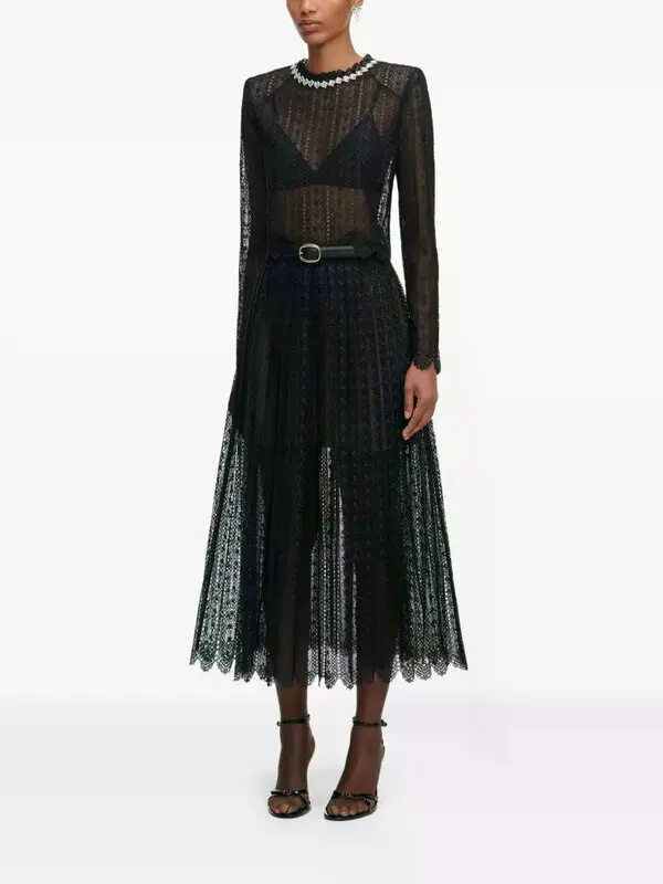 SELF-PORTRAIT Lace Pleated Midi Skirt - Black