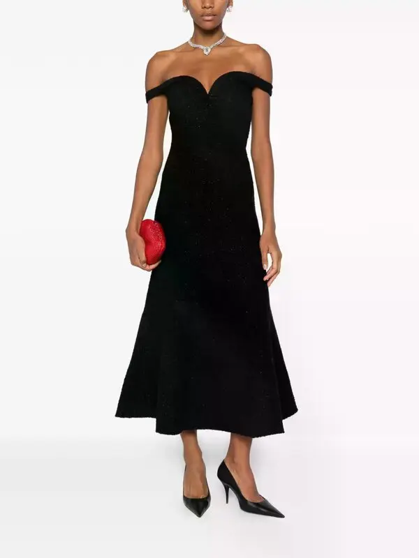 SELF-PORTRAIT Off-shoulder Boucle Midi Dress - Black