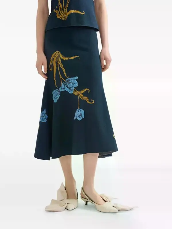 Erdem Floral-jacquard Knitted Midi Skirt - Blue
