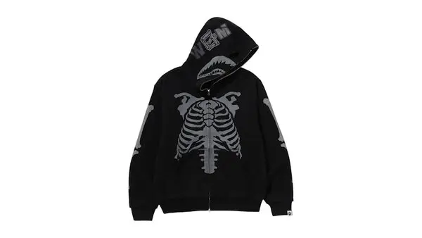 A BATHING APE Skeleton Shark Heavy Washed Cropped Zip Hoodie - Black
