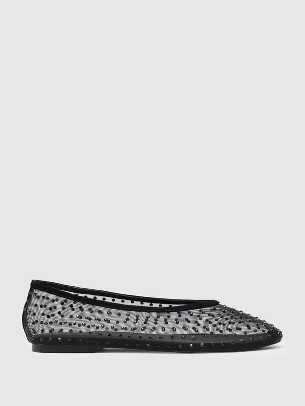 REISS Dina Mesh Embellished Ballet Flats - Black