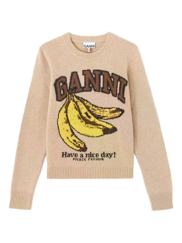 GANNI Graphic Print Wool Blend Sweater - Neutrals