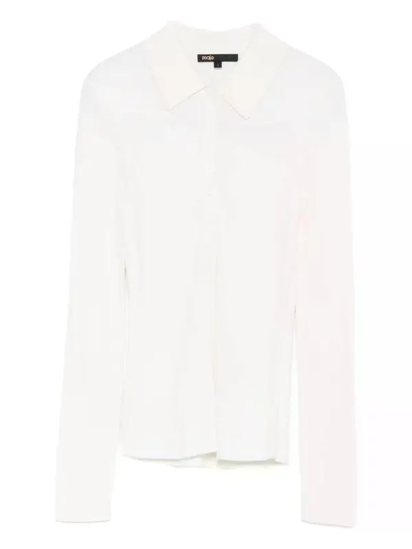 Maje Fitted Rib Knit Polo Shirt With Silk And Wool Blend