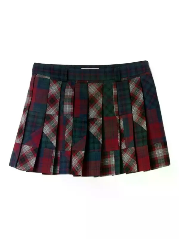 Miu Miu Pleated Plaid Patchwork Wool Miniskirt