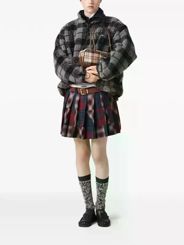 Miu Miu Pleated Plaid Patchwork Wool Miniskirt