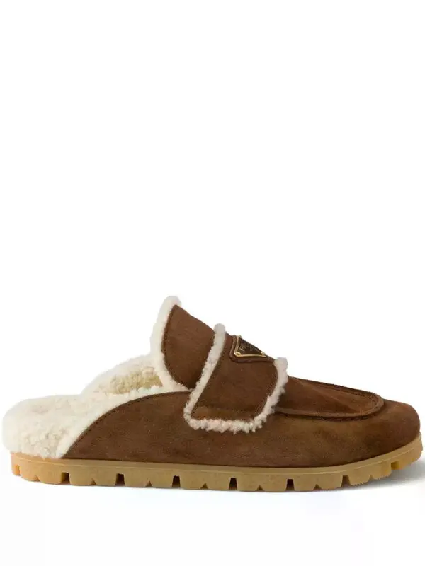 Prada Suede Shearling Mules - Brown