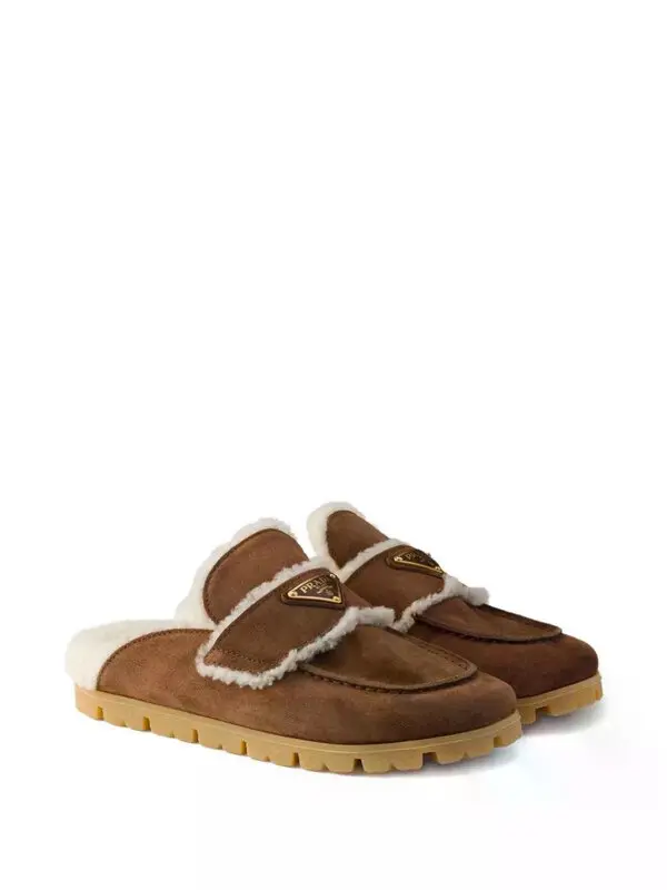 Prada Suede Shearling Mules - Brown