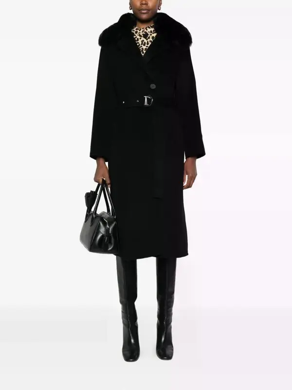 Maje Belted Coat With Faux Fur Collar