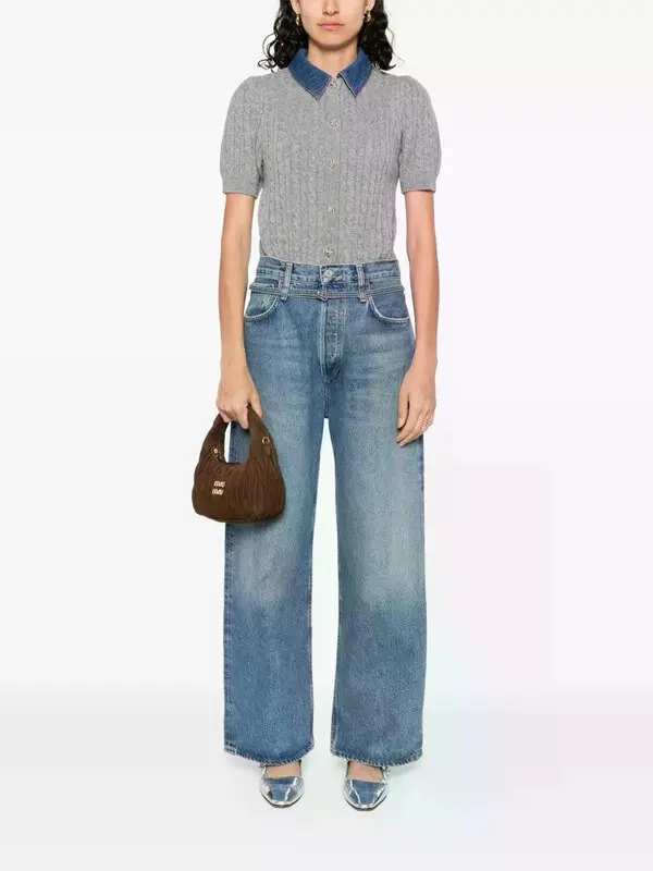 Sandro Short Sleeve Cable-knit Cardigan With Removable Denim Collar - Grey