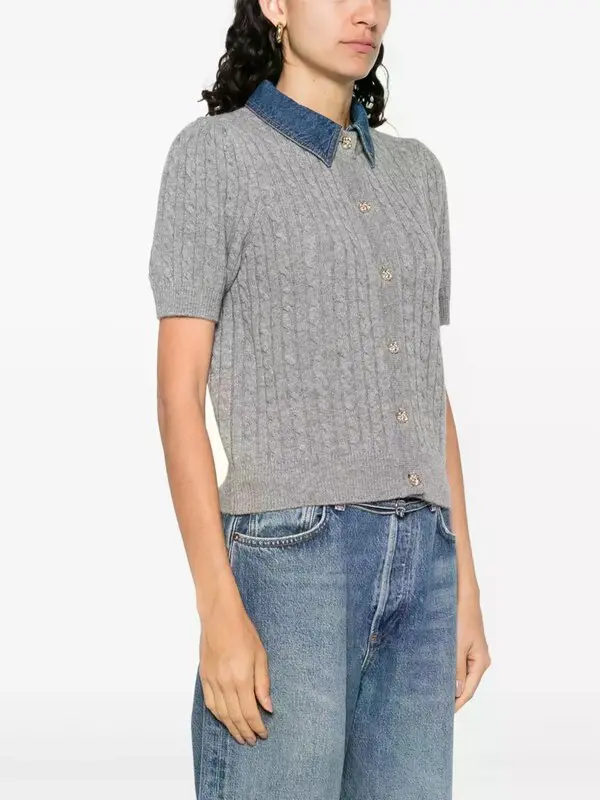 Sandro Short Sleeve Cable-knit Cardigan With Removable Denim Collar - Grey