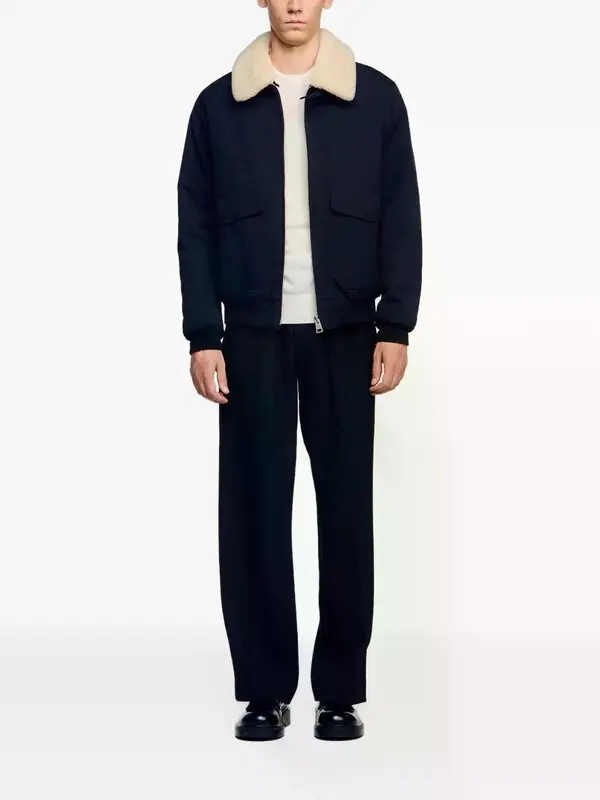 Sandro Removable Collar Cotton Jacket With Shearling Detail - Blue