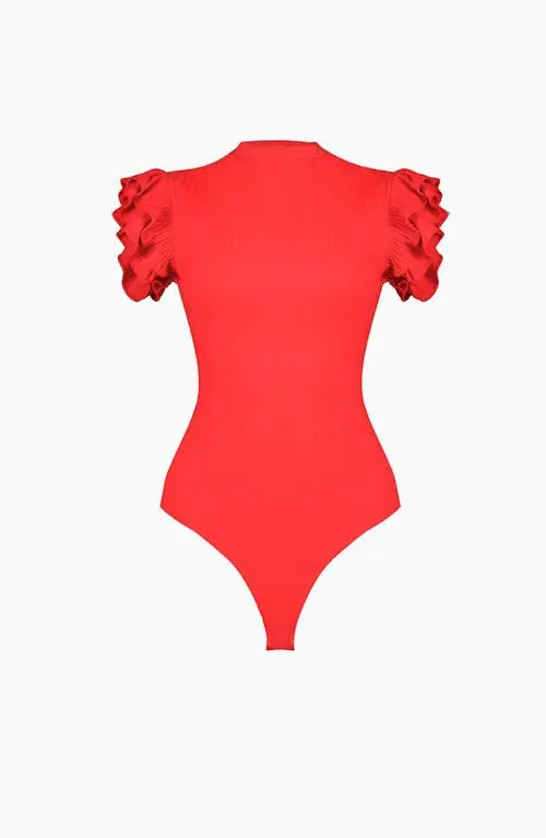 IVONNE Ruffle Sleeve Bodysuit - Red