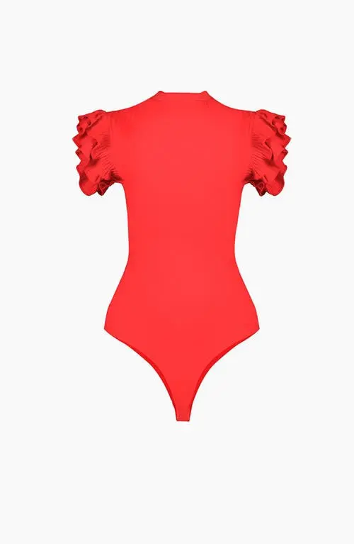 IVONNE Ruffle Sleeve Bodysuit - Red