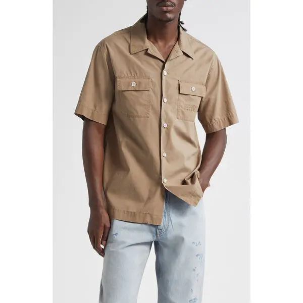 MAISON MARGIELA Embroidered Numeric Logo Short Sleeve Button-up Shirt - Dune