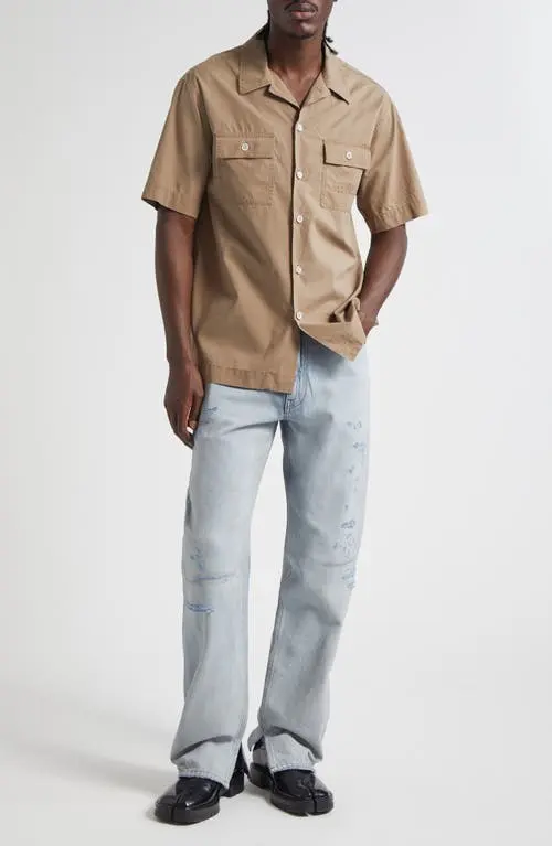 MAISON MARGIELA Embroidered Numeric Logo Short Sleeve Button-up Shirt - Dune