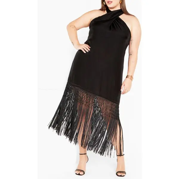 City Chic Calypso Fringe Maxi Dress - Black