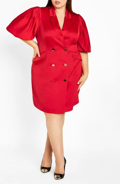 City Chic Satin Blazer Dress With Short Sleeves - Red