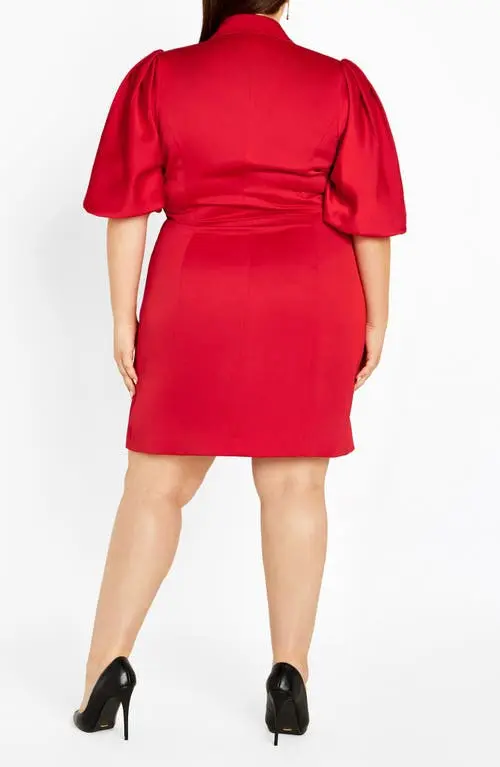 City Chic Satin Blazer Dress With Short Sleeves - Red