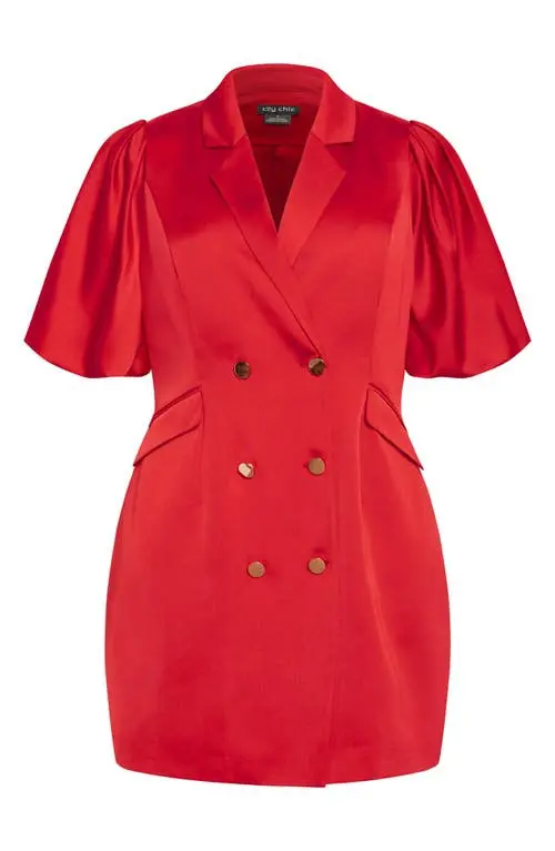 City Chic Satin Blazer Dress With Short Sleeves - Red