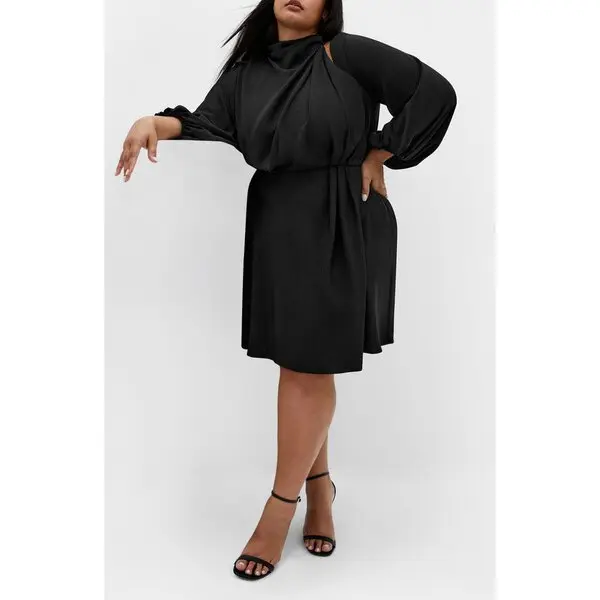 City Chic Jaylee Shoulder Cutout Long Sleeve Dress - Black