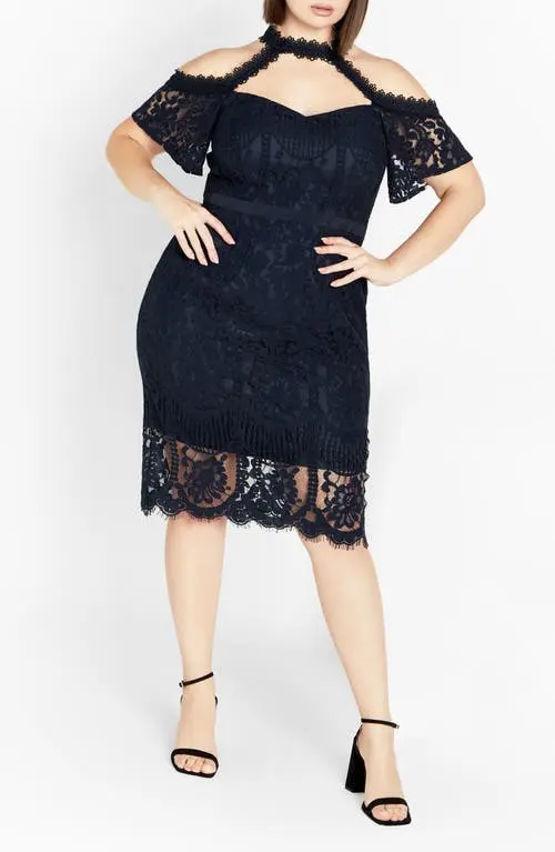 City Chic Pippa Cutout Lace Overlay Cocktail Midi Dress - Navy