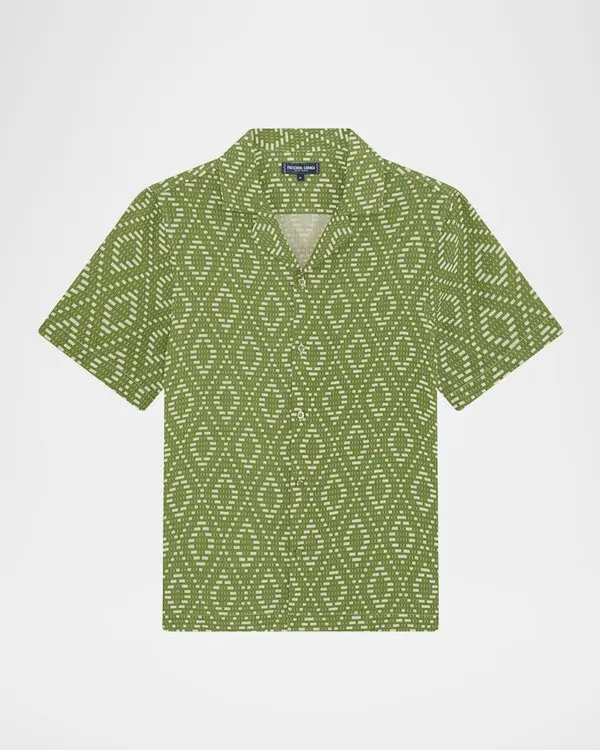 Frescobol Carioca Roberto Raffia-print Camp Shirt - Parakeet Green