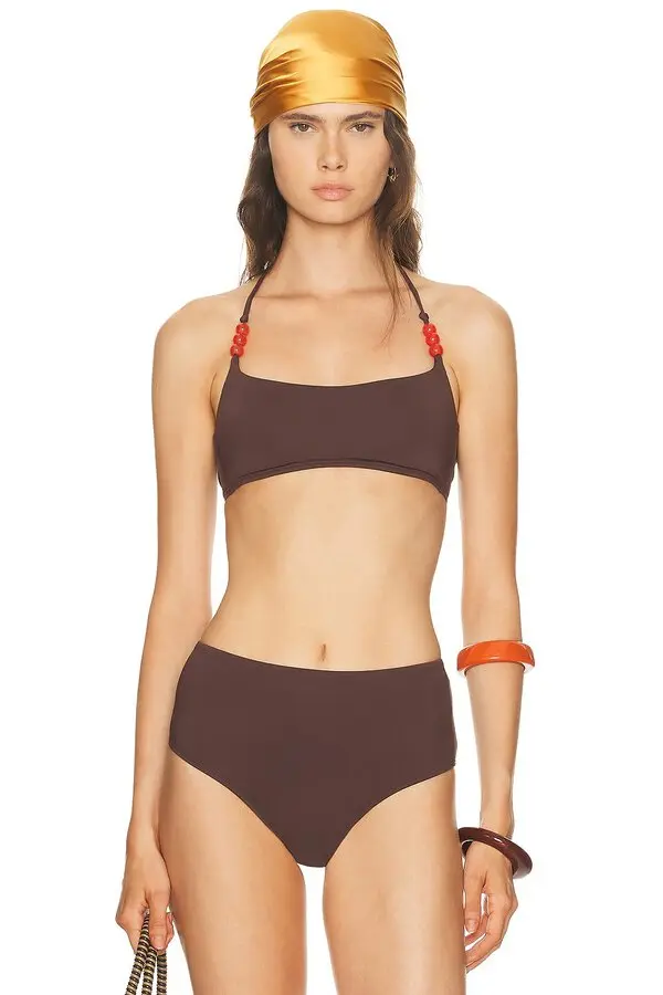Staud Laird Bikini Top - Dark Chocolate & Flame