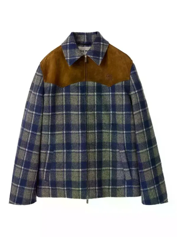 Miu Miu Check-pattern Wool Blouson With Suede Trims - Blue