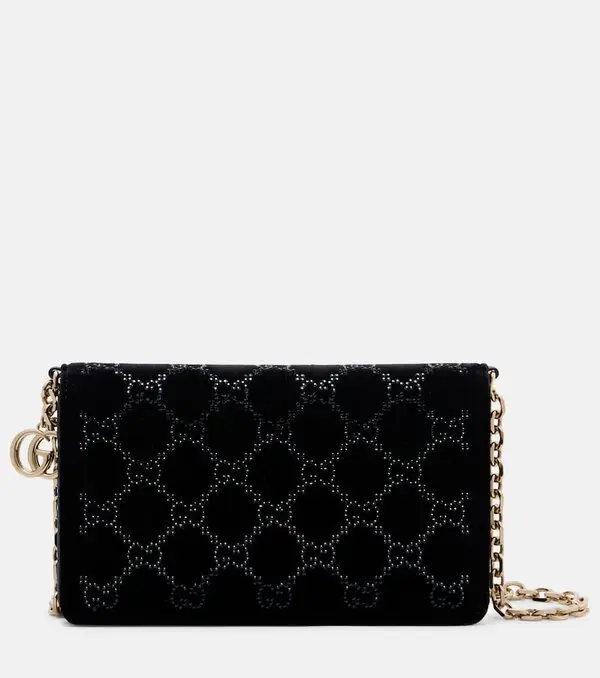 Gucci Gg Crystal Velvet Wallet On Chain - Black