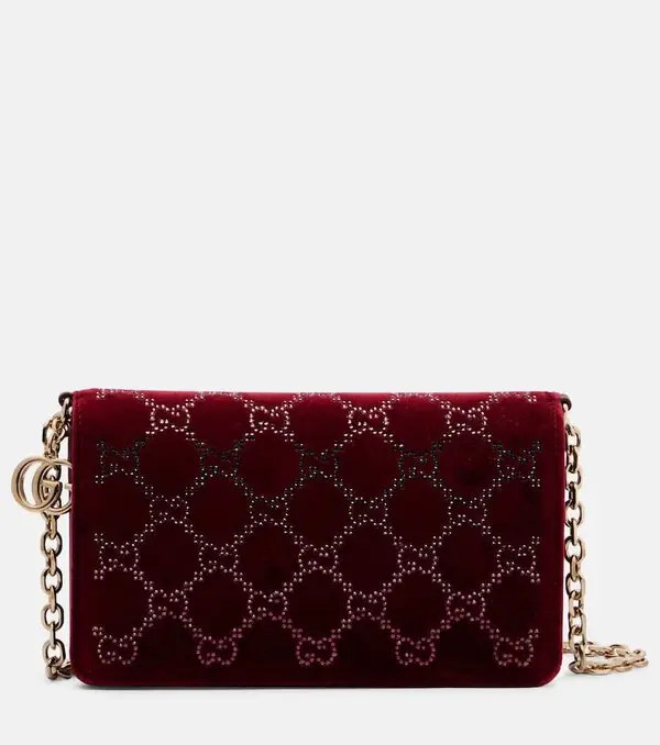 Gucci Gg Crystal Velvet Wallet On Chain - Red