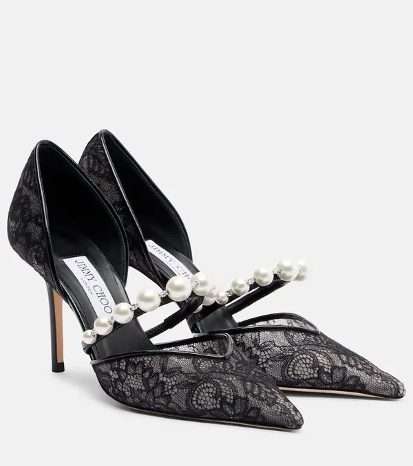 JIMMY CHOO Aurelie 85 Lace And Leather Pumps - Black