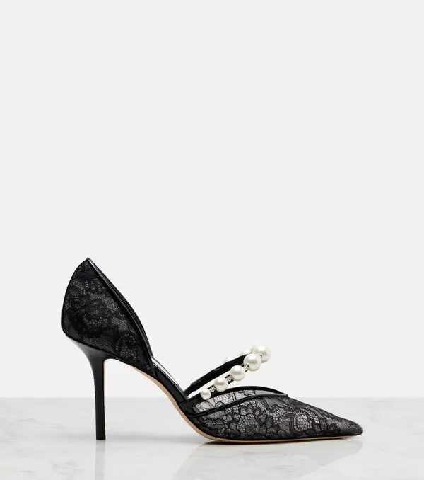 JIMMY CHOO Aurelie 85 Lace And Leather Pumps - Black