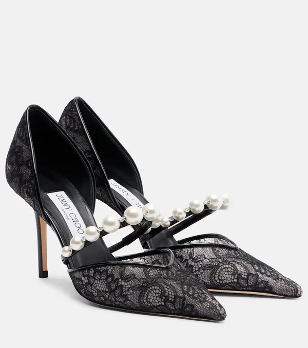 JIMMY CHOO Aurelie 85 Lace And Leather Pumps - Black