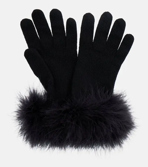 Valentino Garavani Vlogo Feather-trimmed Virgin Wool Gloves - Black