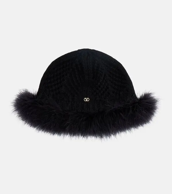 Valentino Garavani Vlogo Feather-trimmed Virgin Wool Beanie - Black