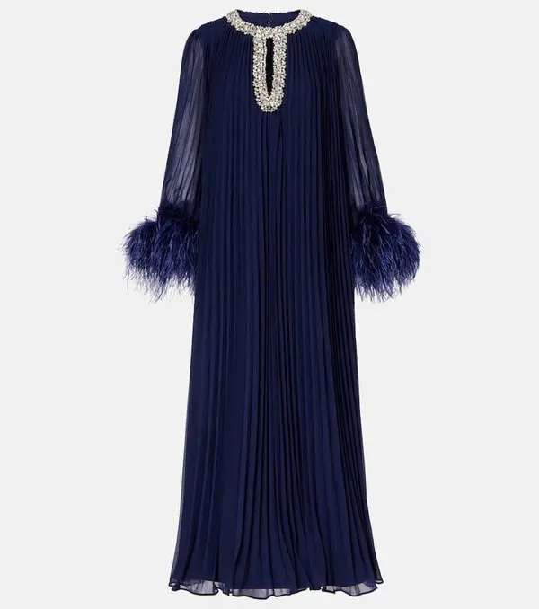 SELF-PORTRAIT Embellished Feather-trimmed Chiffon Maxi Dress - Blue
