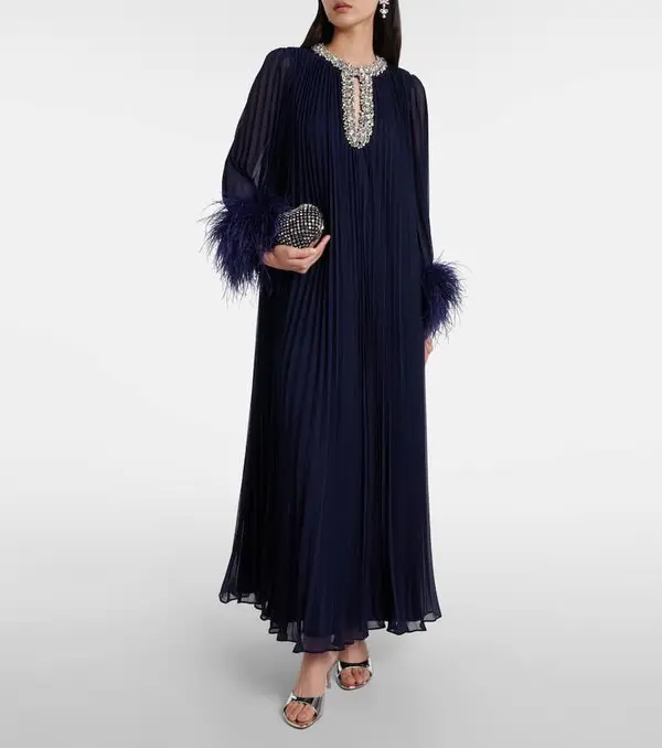 SELF-PORTRAIT Embellished Feather-trimmed Chiffon Maxi Dress - Blue