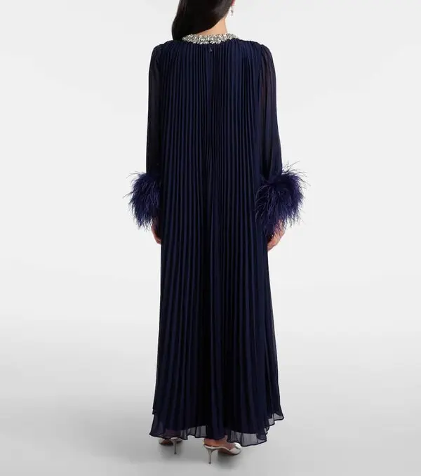 SELF-PORTRAIT Embellished Feather-trimmed Chiffon Maxi Dress - Blue