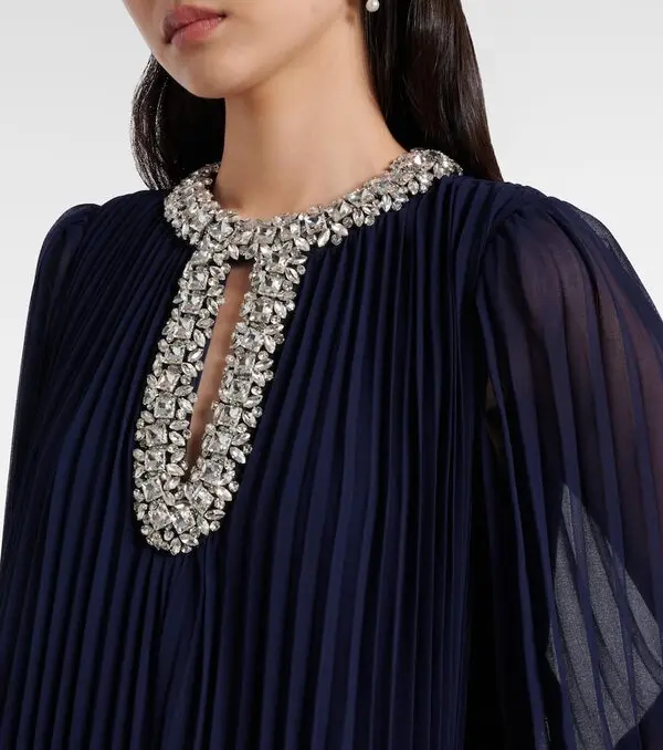 SELF-PORTRAIT Embellished Feather-trimmed Chiffon Maxi Dress - Blue