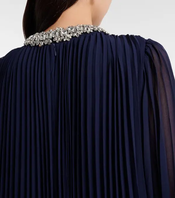 SELF-PORTRAIT Embellished Feather-trimmed Chiffon Maxi Dress - Blue
