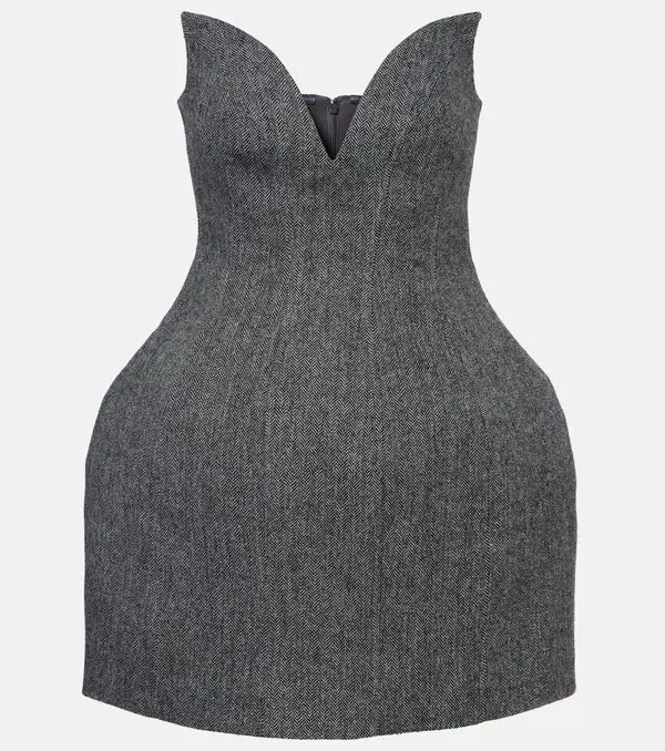 SELF-PORTRAIT Herringbone Wool-blend Bustier Dress