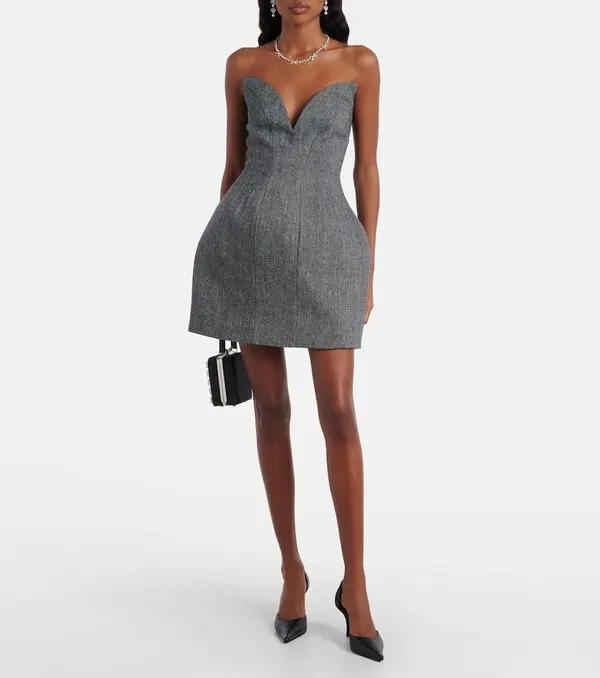 SELF-PORTRAIT Herringbone Wool-blend Bustier Dress