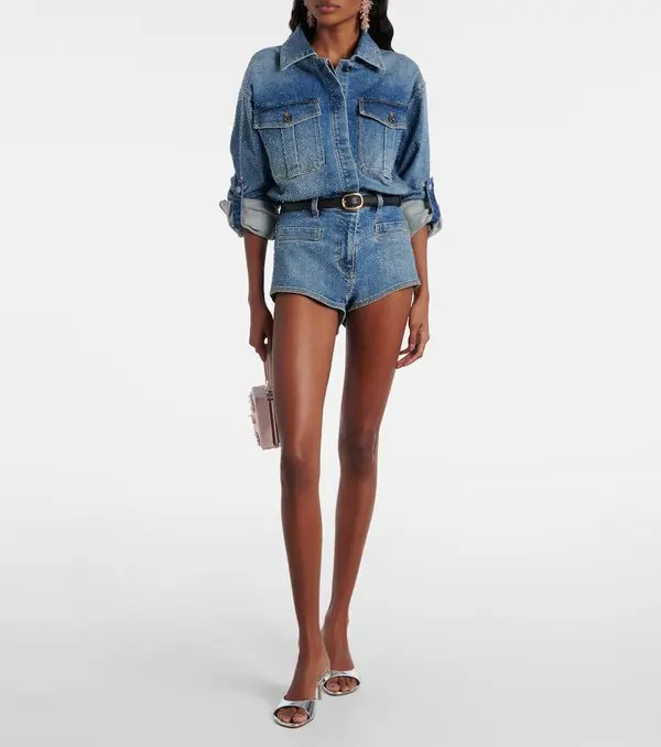 SELF-PORTRAIT Embellished Denim Romper