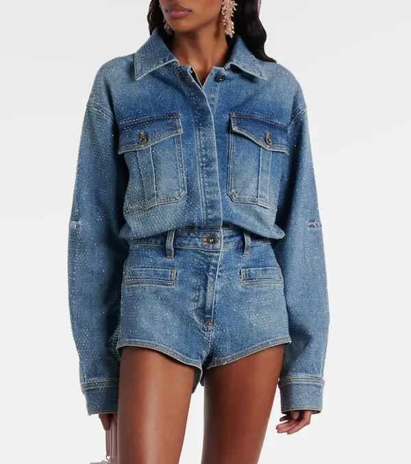 SELF-PORTRAIT Embellished Denim Romper