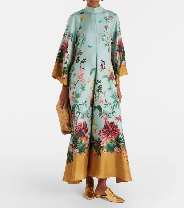 La DoubleJ Magnifico Floral Silk Twill Maxi Dress - Green